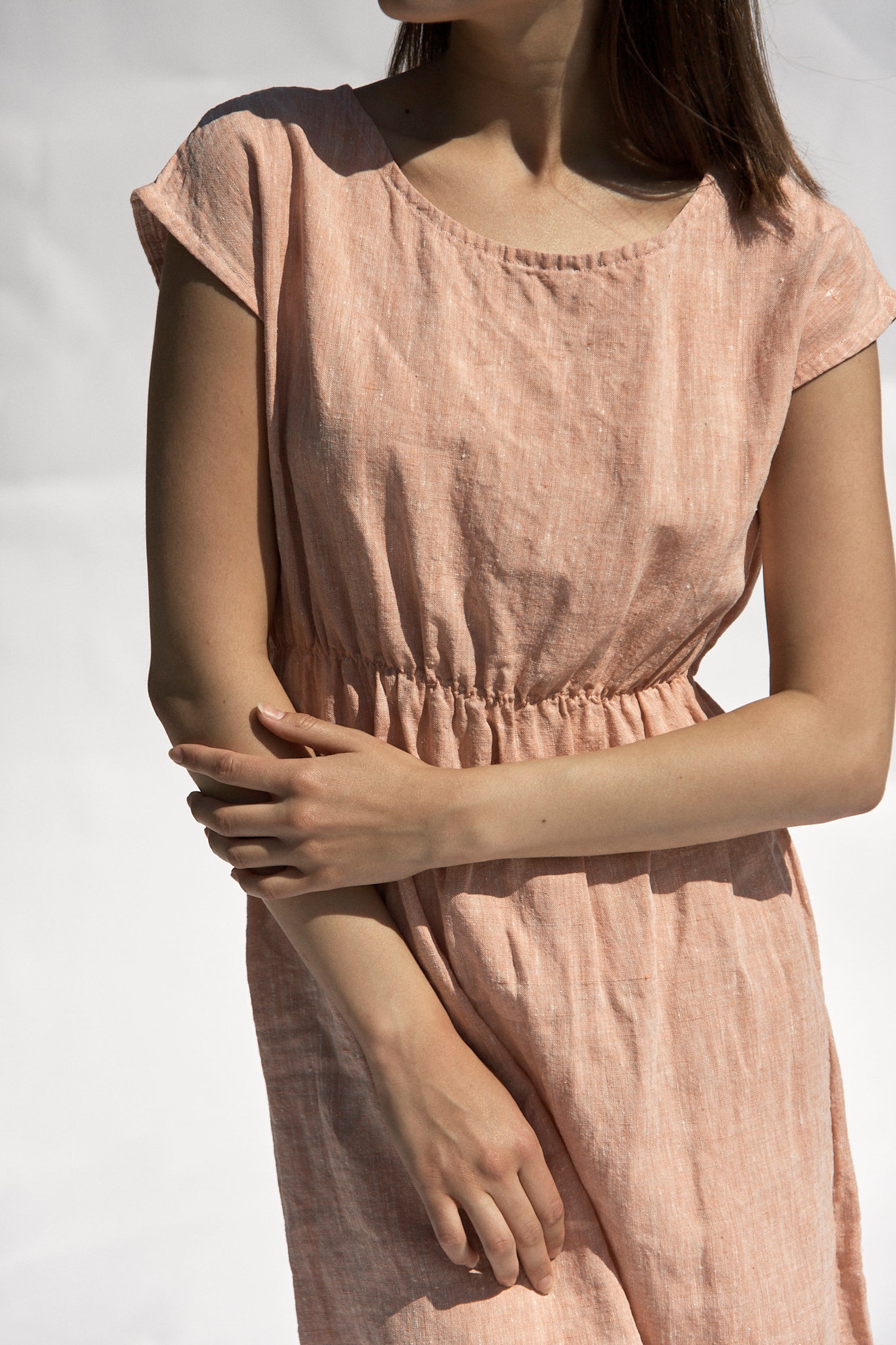 Linen Dress Women's Handmade Clothing Loose Short Sleeves Light Pink ...