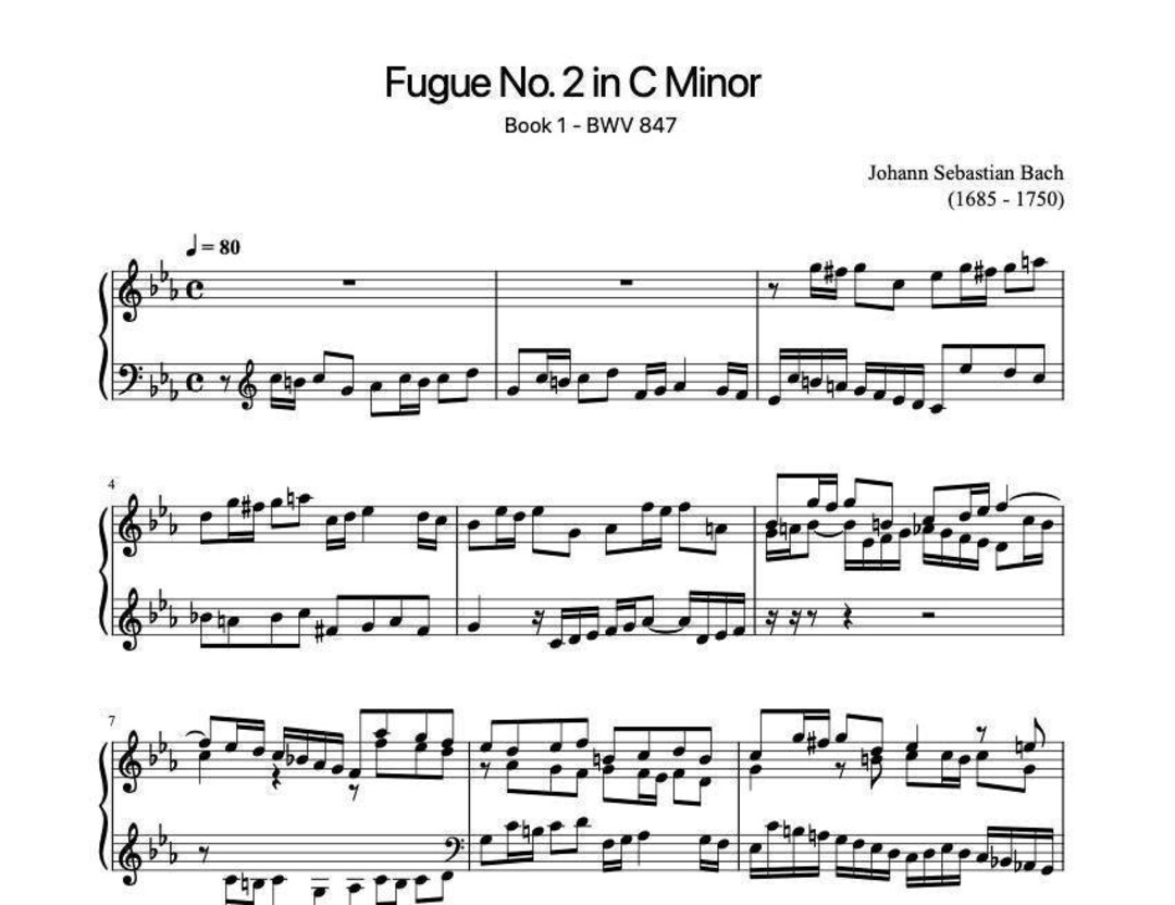 Piano Music Sheets - Fugue No. 2 in C Minor Book 1 - BWV 847 - Johann ...
