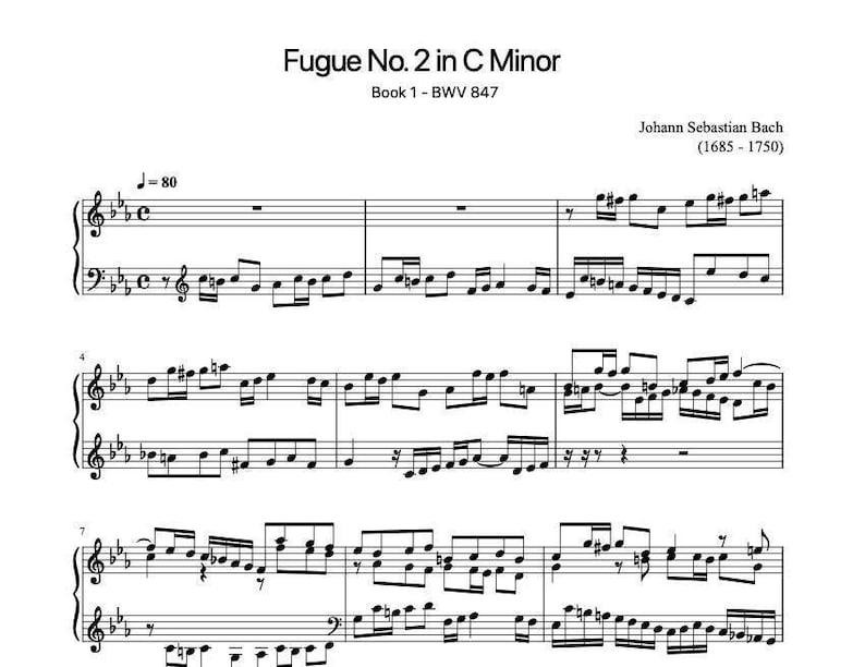 Piano Music Sheets - Fugue No. 2 in C Minor Book 1 - BWV 847 - Johann ...