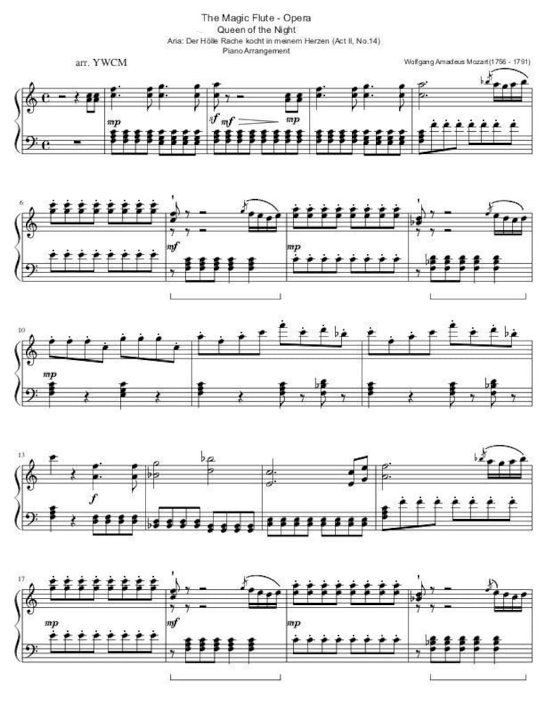 Piano Music Sheets - the Magic Flute - Theme - Queen of the Night Aria ...