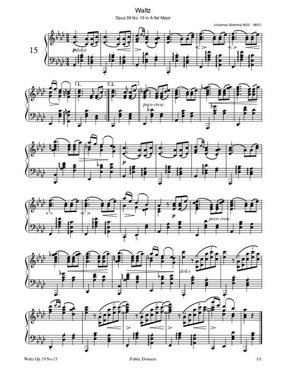 Piano Music Sheets Waltz Opus 39 No. 15 by Johannes Brahms | Etsy