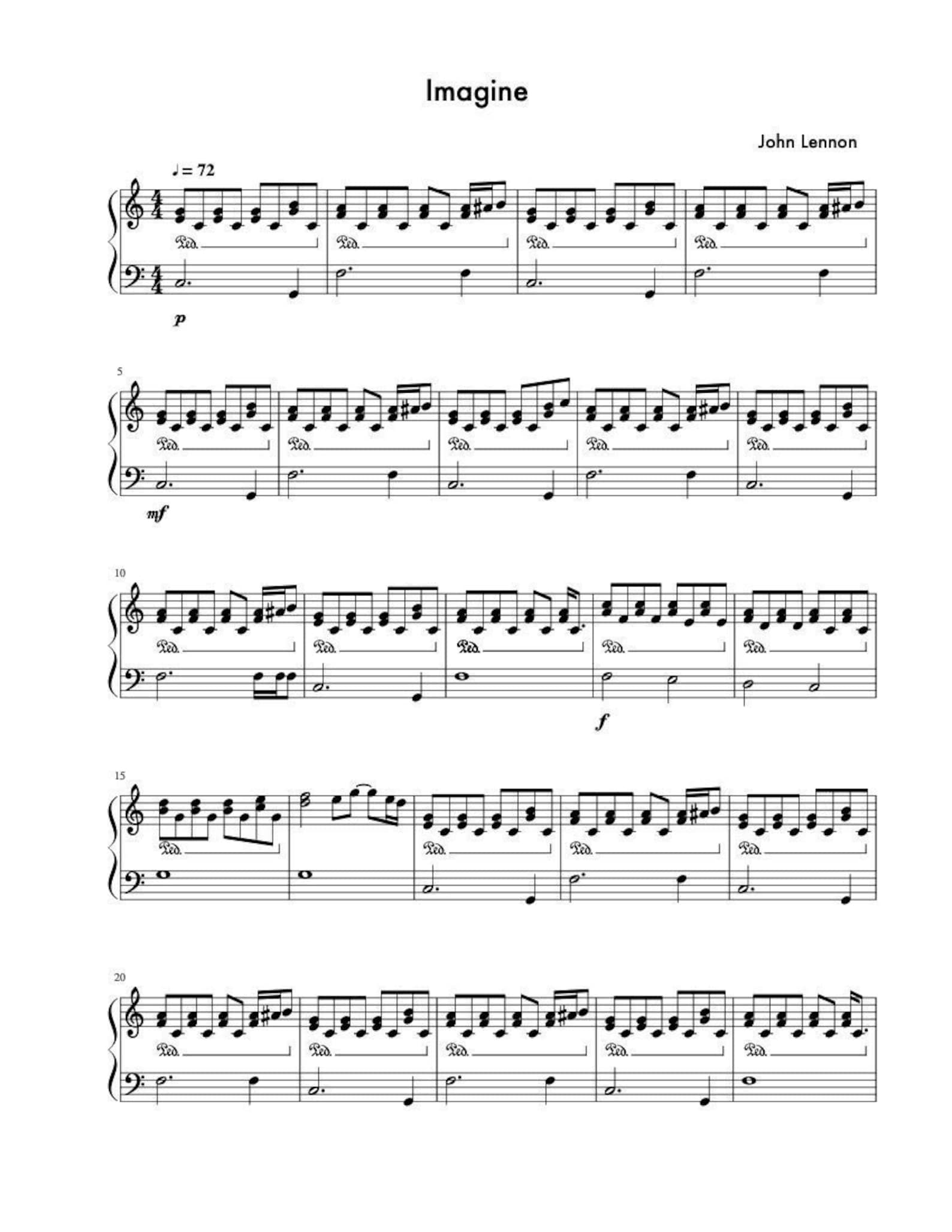 Piano Music Sheets - Imagine by John Lennon - Piano - Digital Download - Etsy