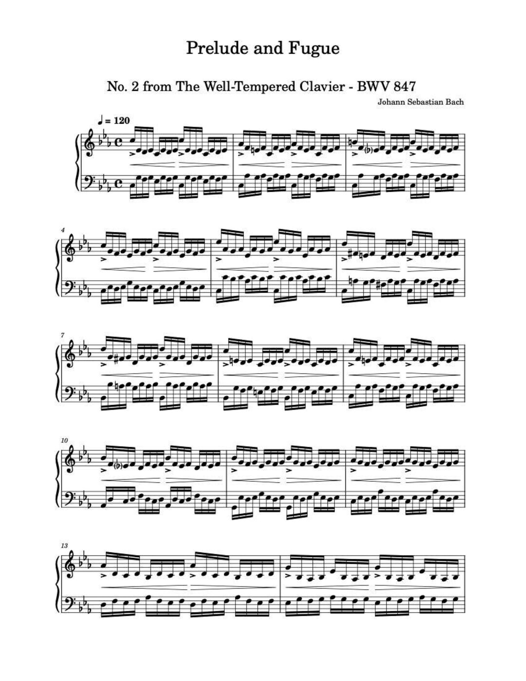 Piano Music Sheets - Prelude No. 2 in C Minor Book 1 - BWV 847 - Johann ...