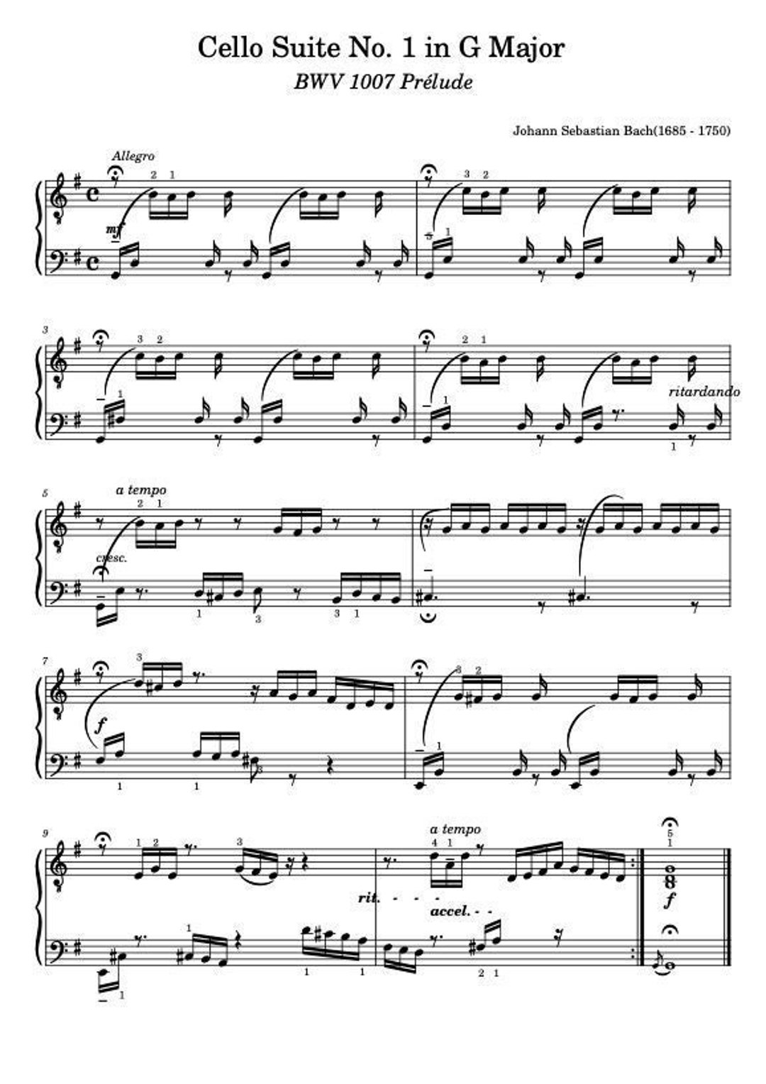 Piano Music Sheets - Cello Suite No. 1 in G Major Prelude BWV 1007 ...