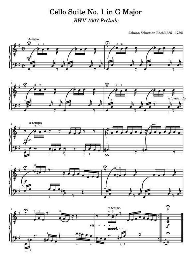 Piano Music Sheets - Cello Suite No. 1 in G Major Prelude BWV 1007 ...