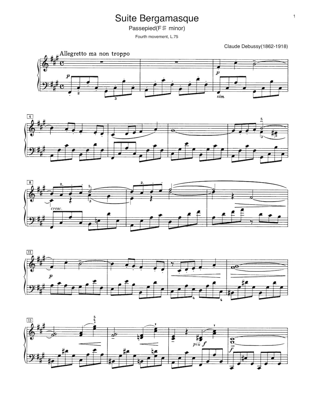 Piano Music Sheets - Suite Bergamasque - Passepied - Fourth Movement L ...