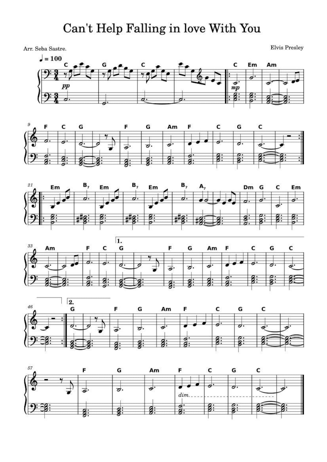 Piano Music Sheets - Can't Help Falling in Love With You - Simplified ...