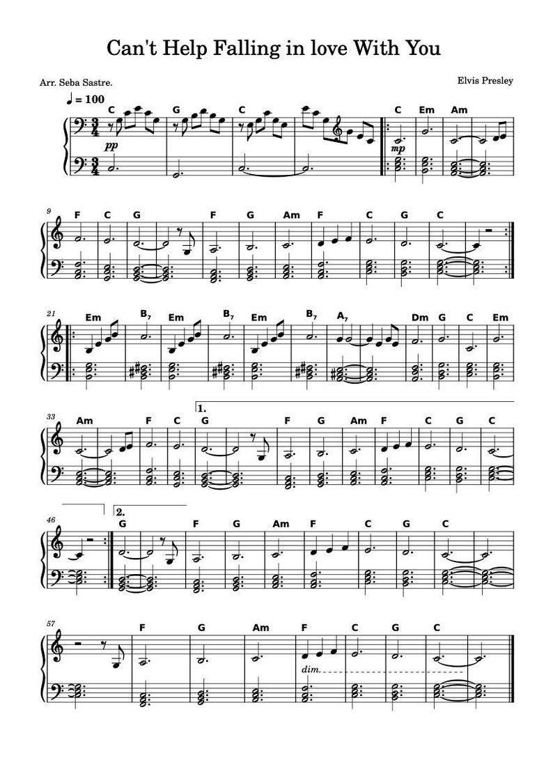 Piano Music Sheets - Can't Help Falling in Love With You - Simplified ...