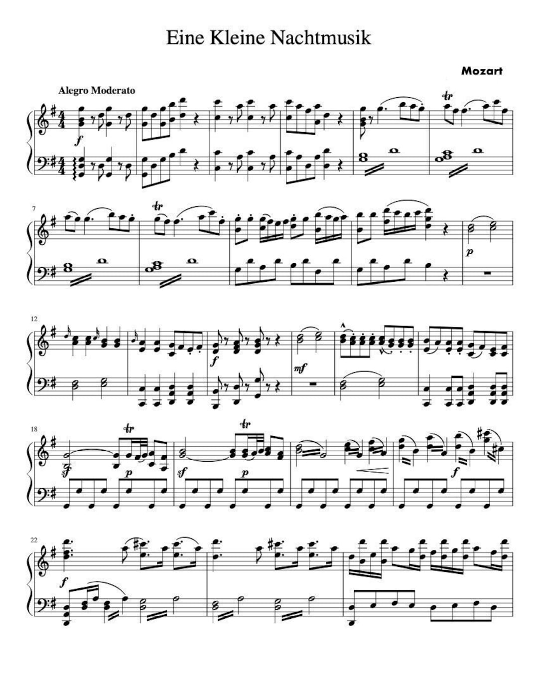 Piano Music Sheets - Eine Kleine Nachtmusik K 525 - Piano - Wolfgang ...