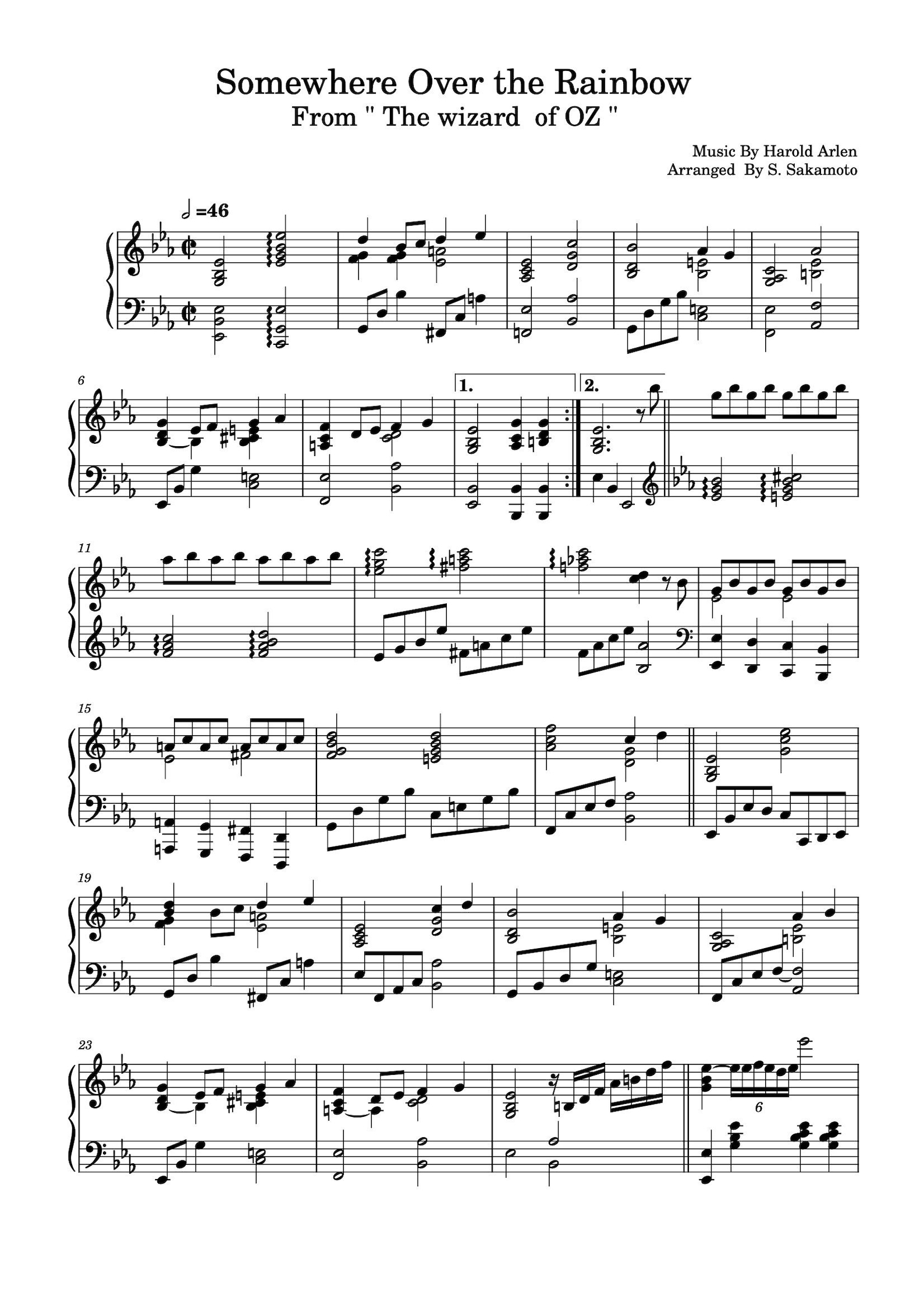 Piano Music Sheets - Somewhere Over the Rainbow From the Wizard of Oz ...