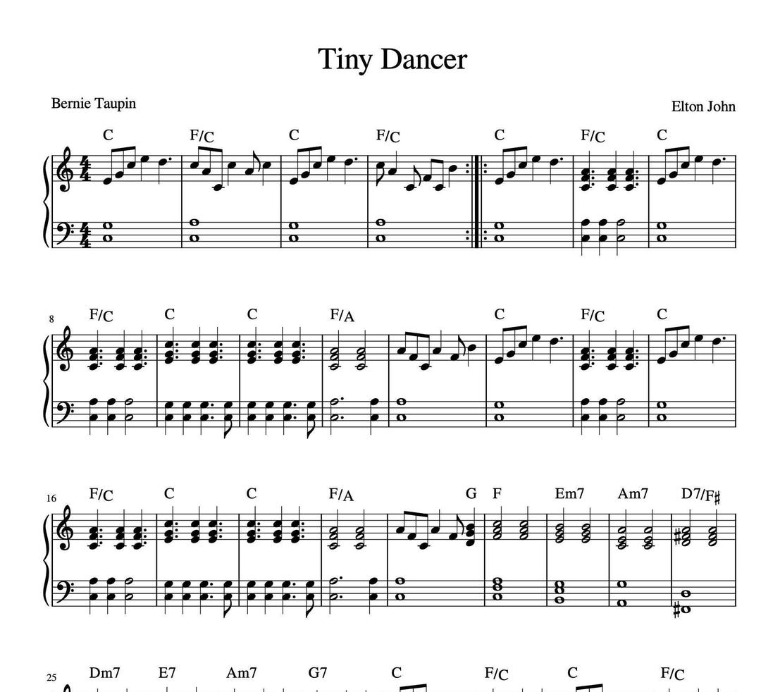 Piano Music Sheets - Tiny Dancer - Elton John - Bernie Taupin - Easy ...