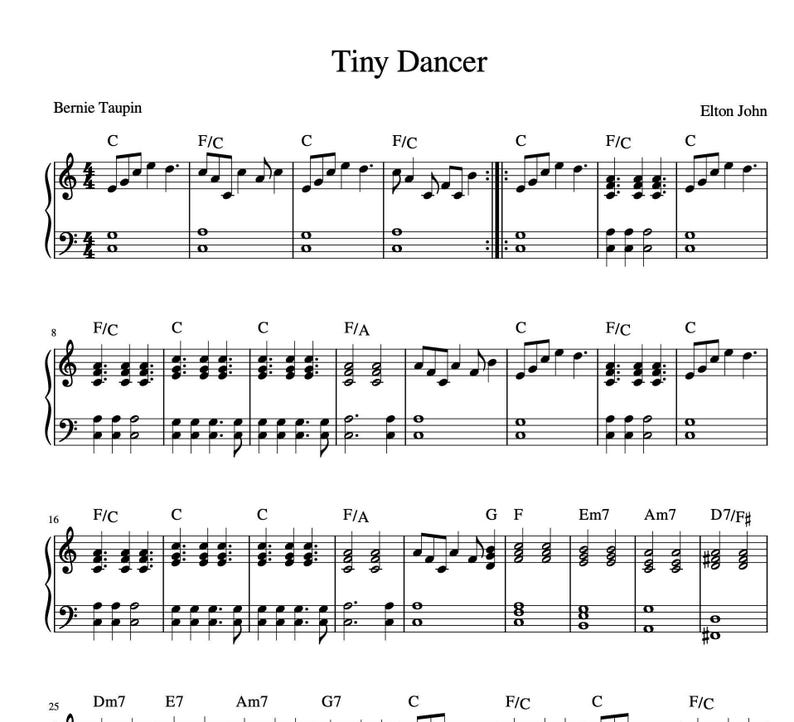 Piano Music Sheets - Tiny Dancer - Elton John - Bernie Taupin - Easy ...