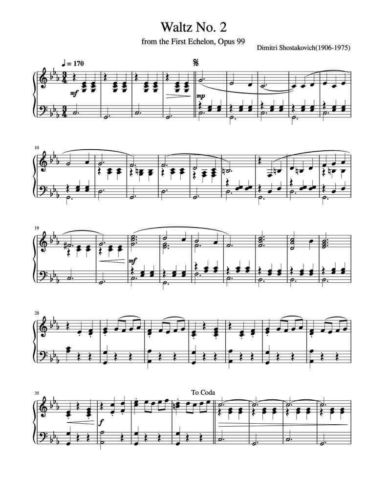 Piano Music Sheets - Waltz No. 2 - From the First Echelon - Opus 99 ...