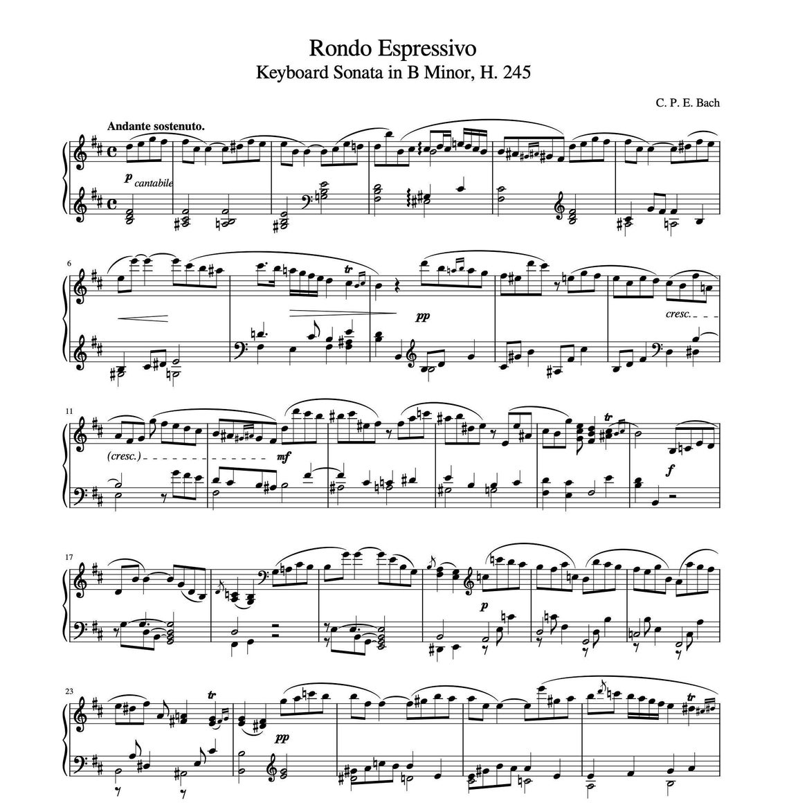 Piano Music Sheets - Rondo Espressivo - Keyboard Sonata in B Minor - H.245 - C. P. E. Bach ...