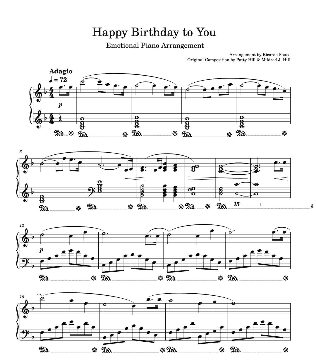 Piano Music Sheets - Happy Birthday Emotional - Patty Hill & Mildred J ...