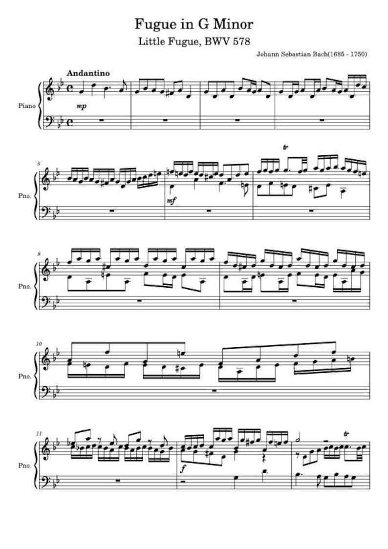 Piano Music Sheets - Fugue in G Minor BWV 578 'little Fugue' - Bach ...