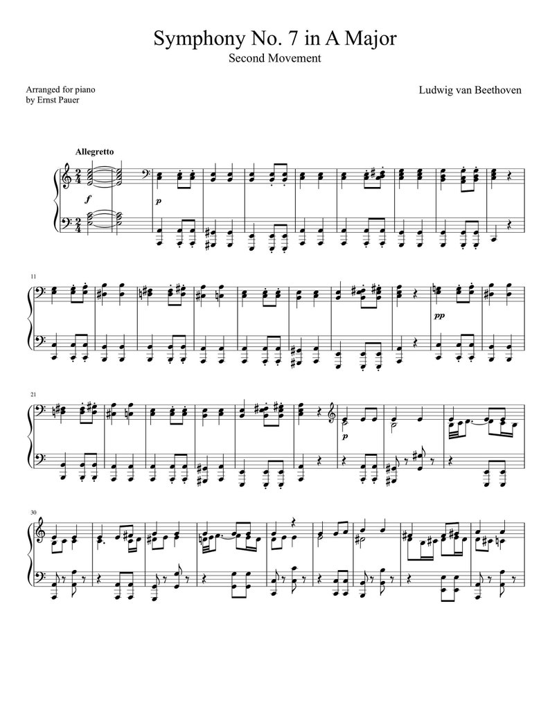 Piano Music Sheets - Symphony No. 7 in A Major - 2nd Movement - Solo ...