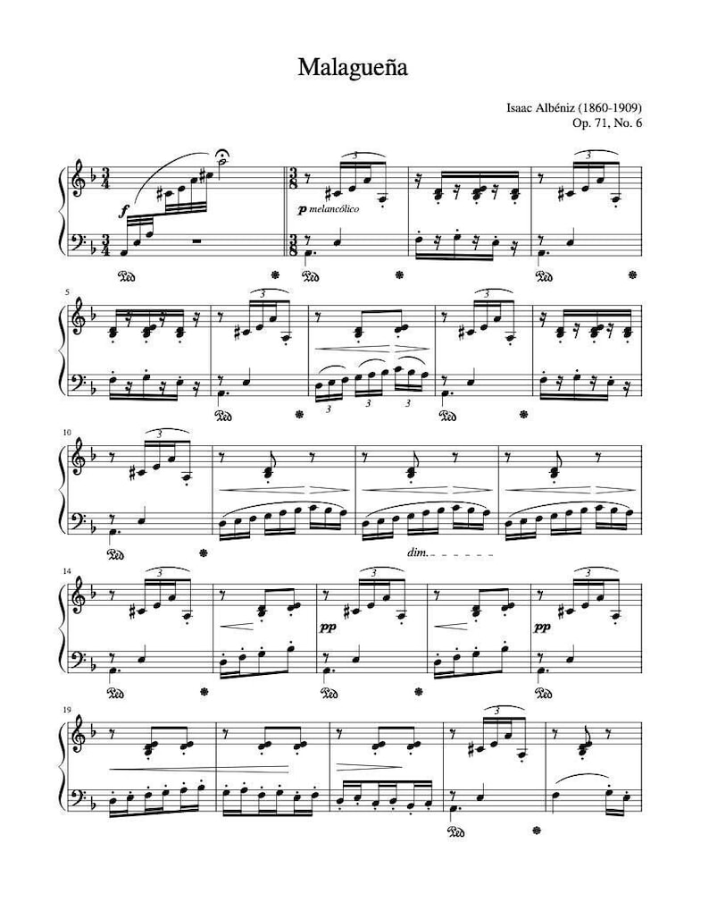 Piano Music Sheets - Malagueña Opus 71 No. 6 by Isaac Albeniz - Piano ...