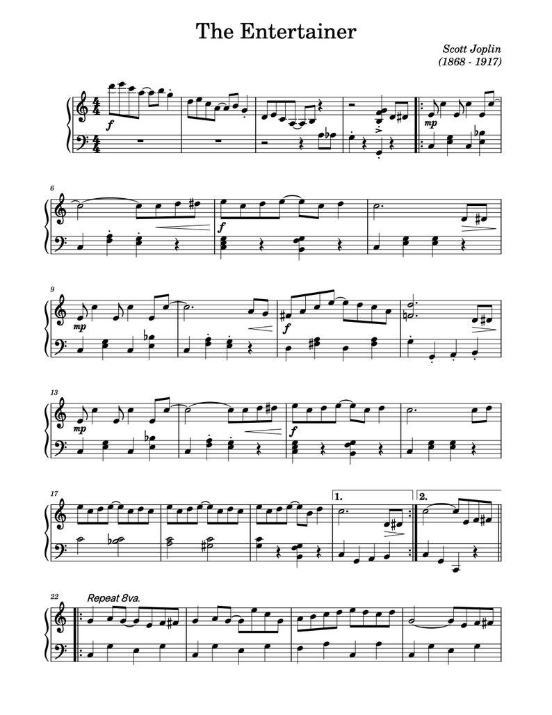 Piano Music Sheets - the Entertainer - A Rag Time Two Step - Easy Version - Scott Joplin ...