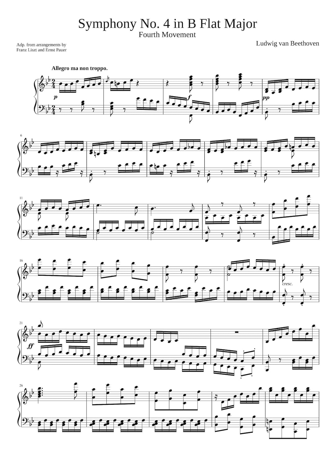 Piano Music Sheets - Symphony No. 4 in B Flat Major - 4th Movement ...