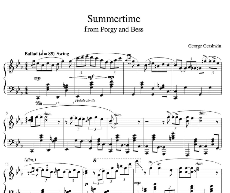 Piano Music Sheets Summertime From Porgy and Bess George Gershwin ...