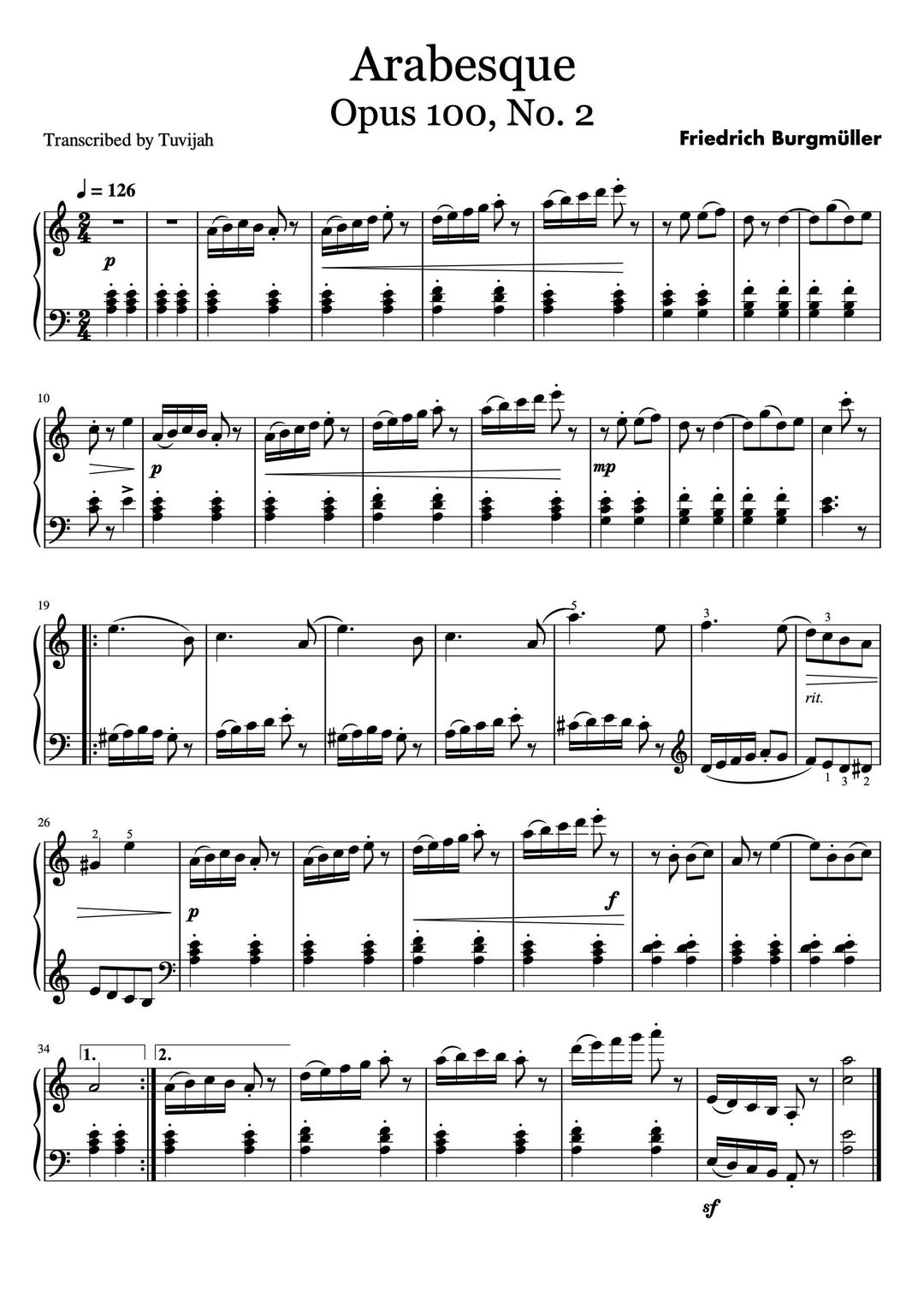 Piano Music Sheets - Arabesque - Opus 100 No. 2 - Friedrich Burgmuller ...