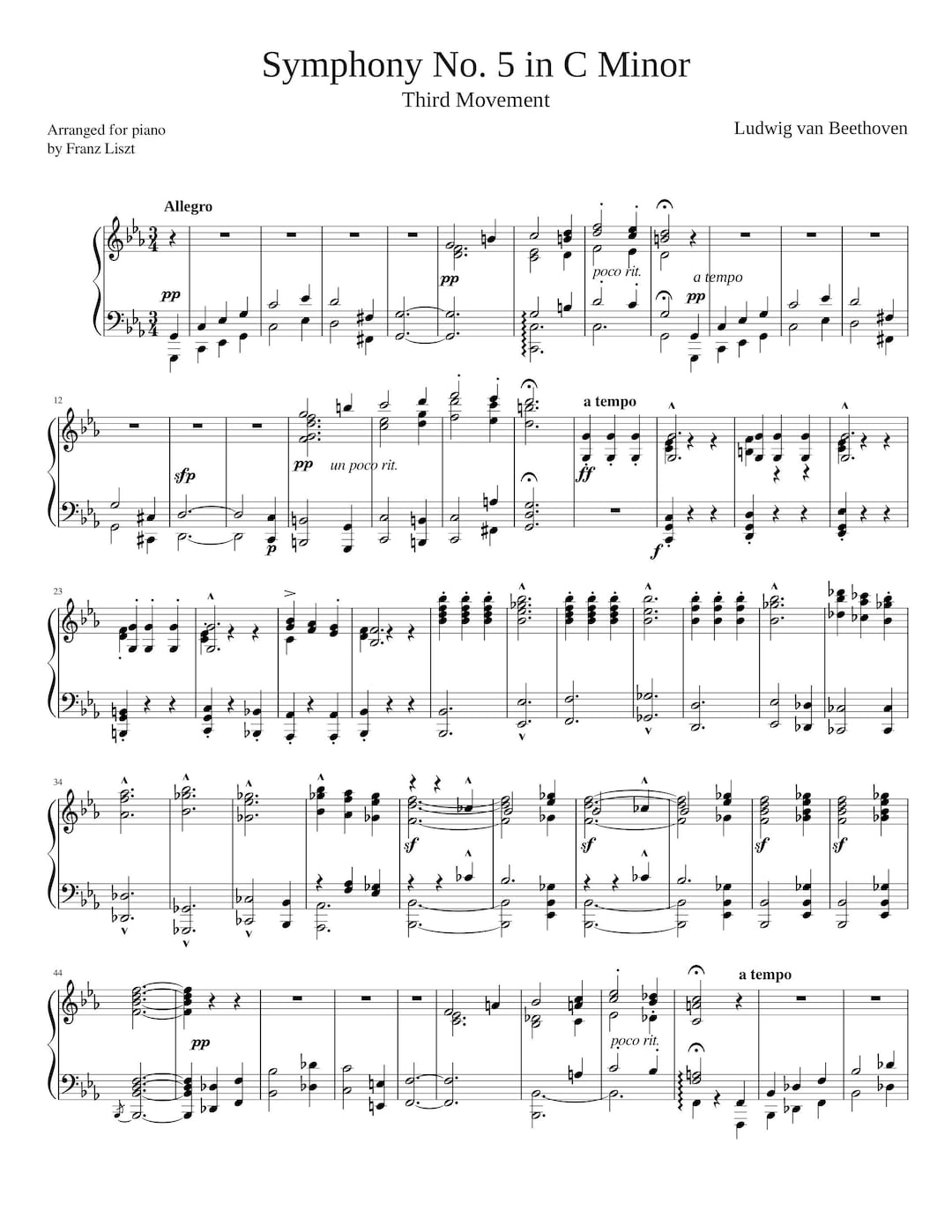 Piano Music Sheets - Symphony No. 5 in C Minor - 3rd Movement - Solo ...