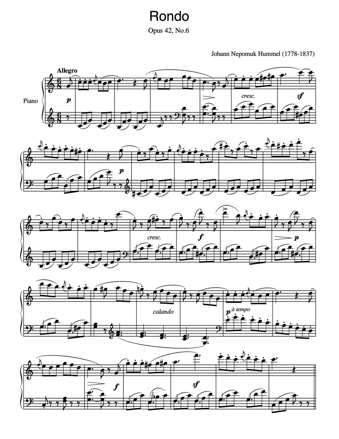 Piano Music Sheets - Rondo - Opus 42 No. 6 - Hummel - Physical Paper ...