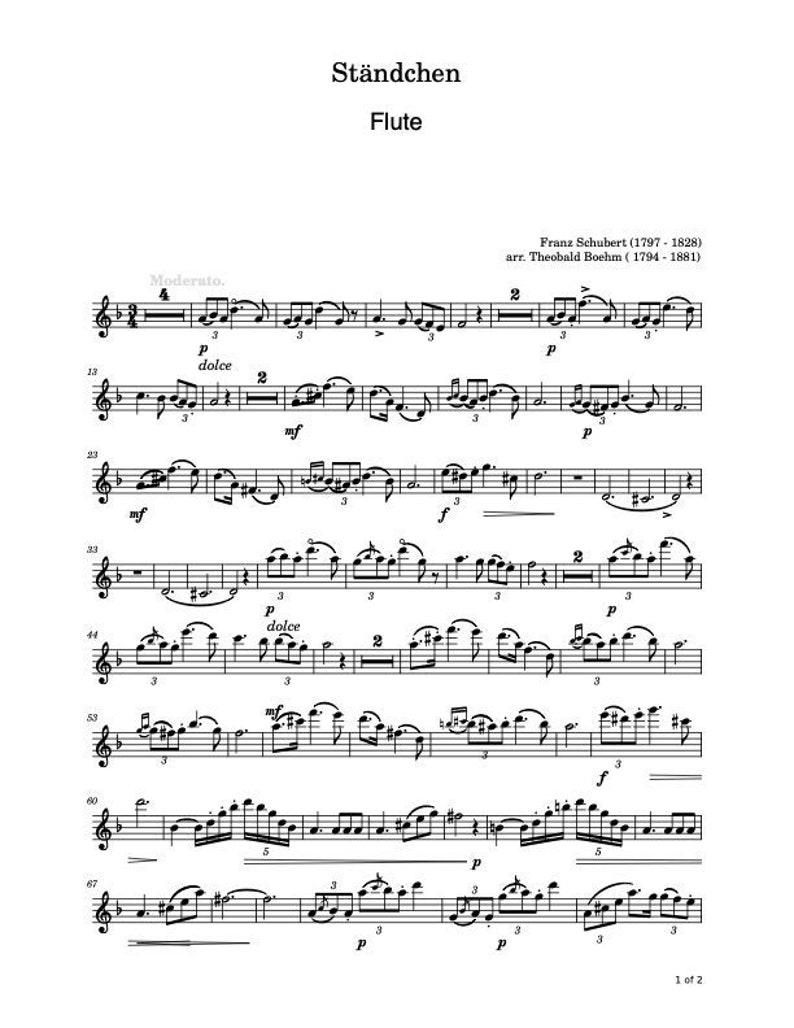 Piano Music Sheets - Ständchen for Flute & Piano - Schubert - Digital ...