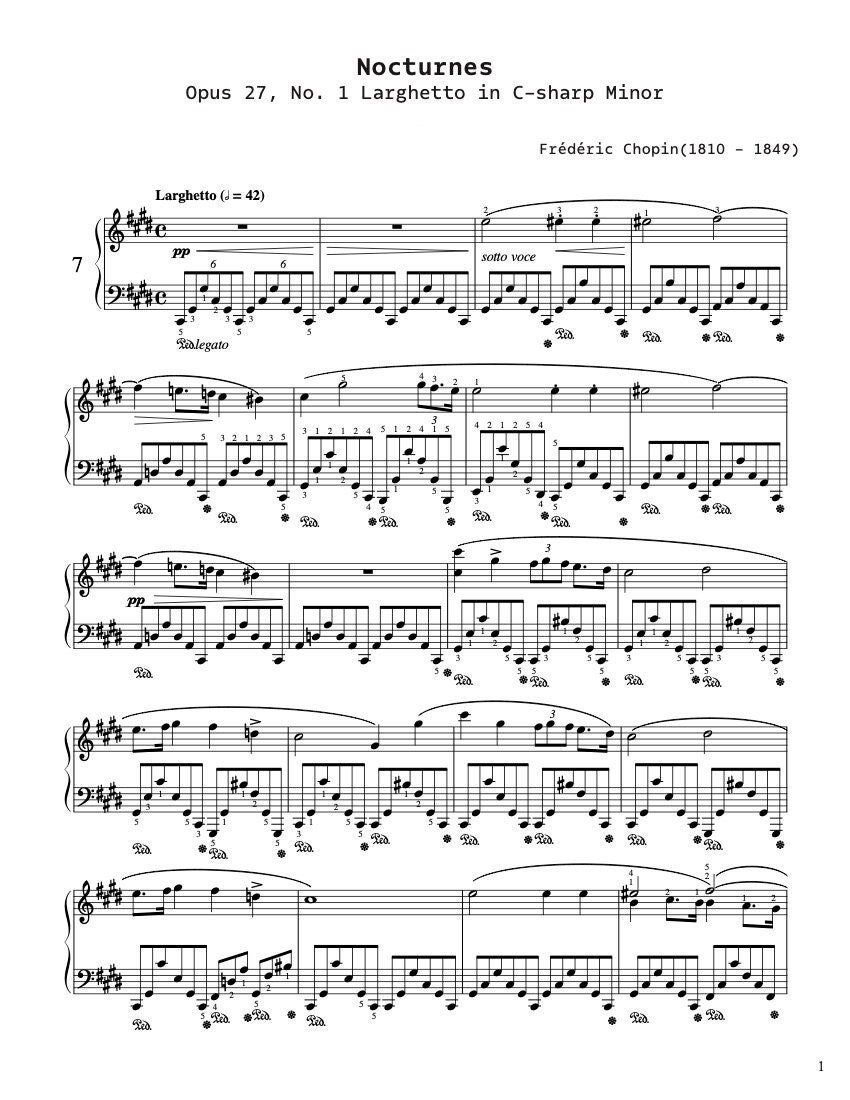 Piano Music Sheets - Nocturnes in C Sharp Minor Opus 27 No 1 - Frederic Chopin - Piano - Digital ...