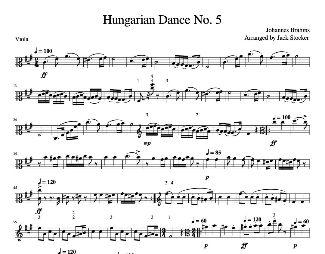 Viola Music Sheets - Hungarian Dance No. 5 - Arranged by Jack Stoker ...