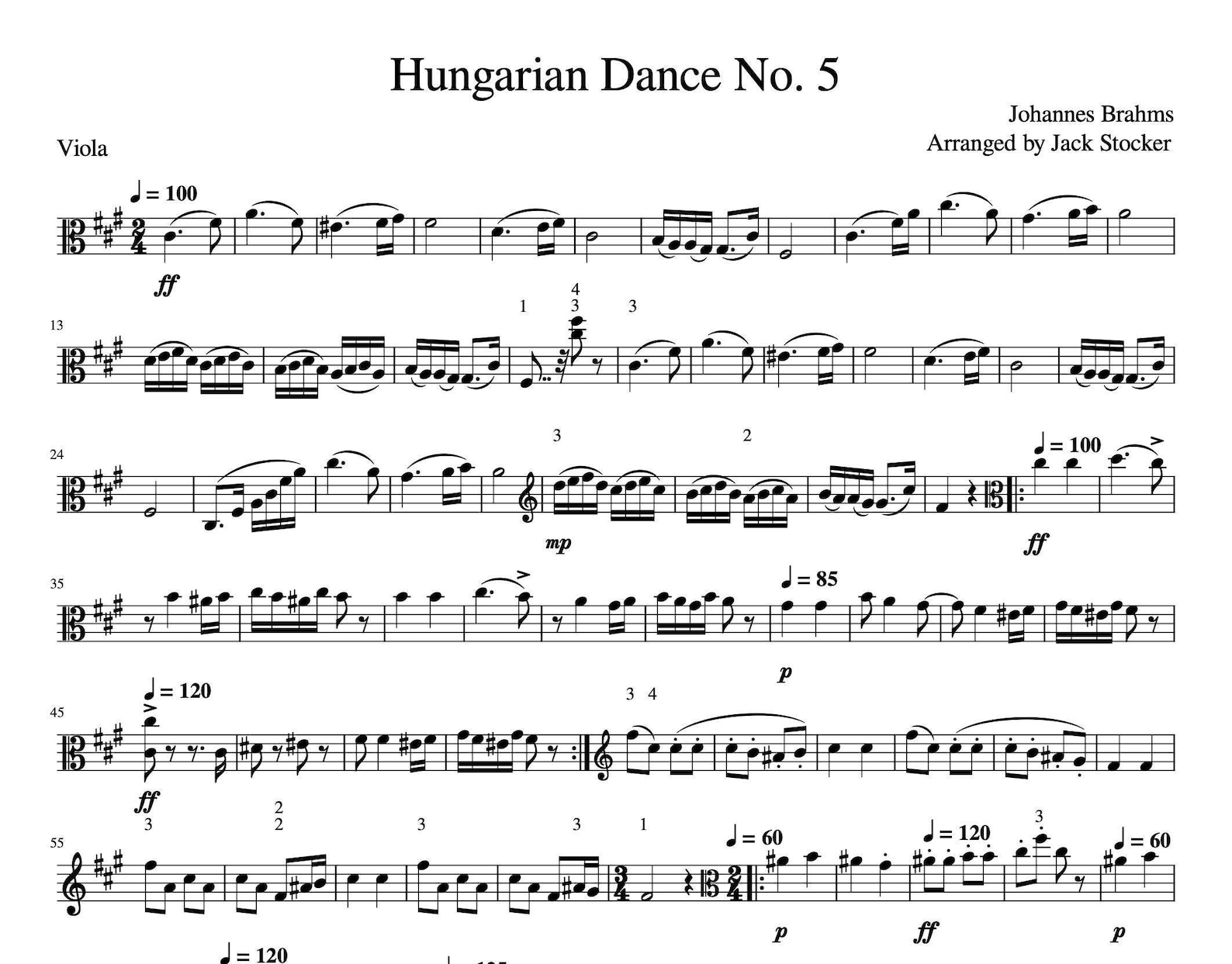 Viola Music Sheets - Hungarian Dance No. 5 - Arranged by Jack Stoker ...