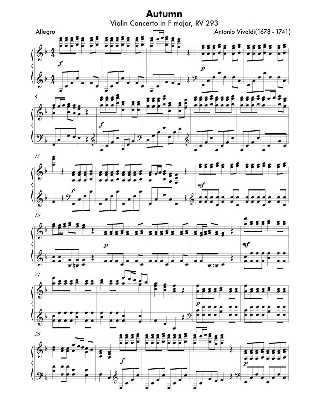 Piano Music Sheets - the Four Seasons - Violin Concerto No. 3 in F ...