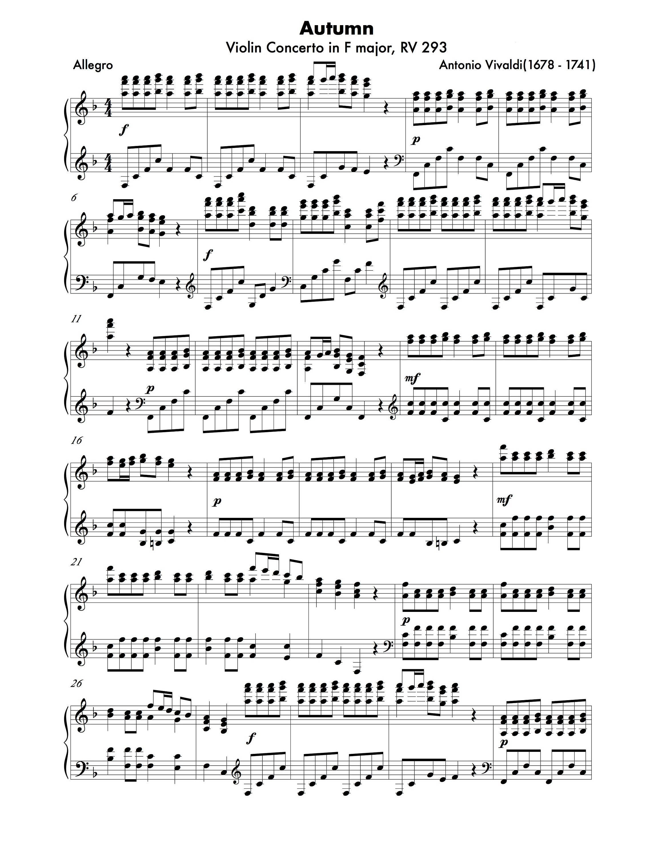 Piano Music Sheets - the Four Seasons - Violin Concerto No. 3 in F ...