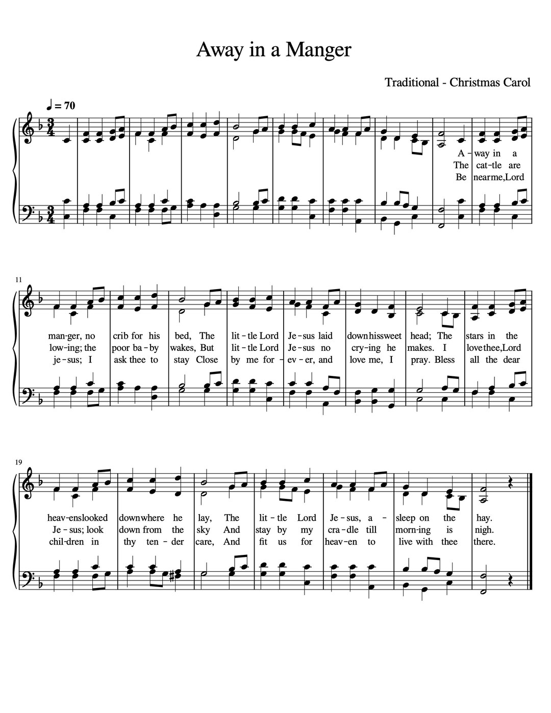 Piano Music Sheets - Away in a Manger - Christmas Carol - Digital ...