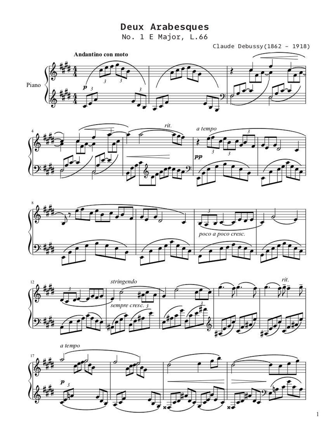 Piano Music Sheets - Deux Arabesques No. 1 - CD 74 L. 66 - Claude Debussy - Digital Download - Etsy