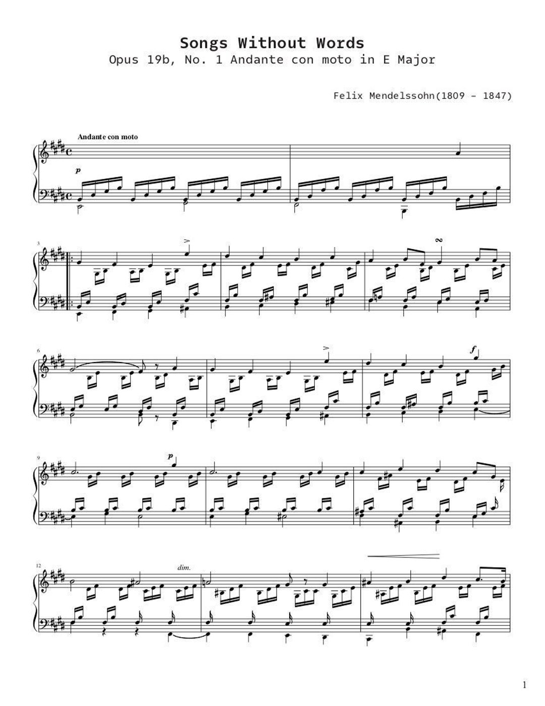 Piano Music Sheets - Songs Without Words - Opus 19 No 1 in E Major ...