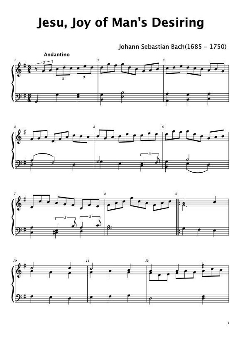 Piano Music Sheets - Jesu, Joy of Man's Desiring Arranged for Piano ...