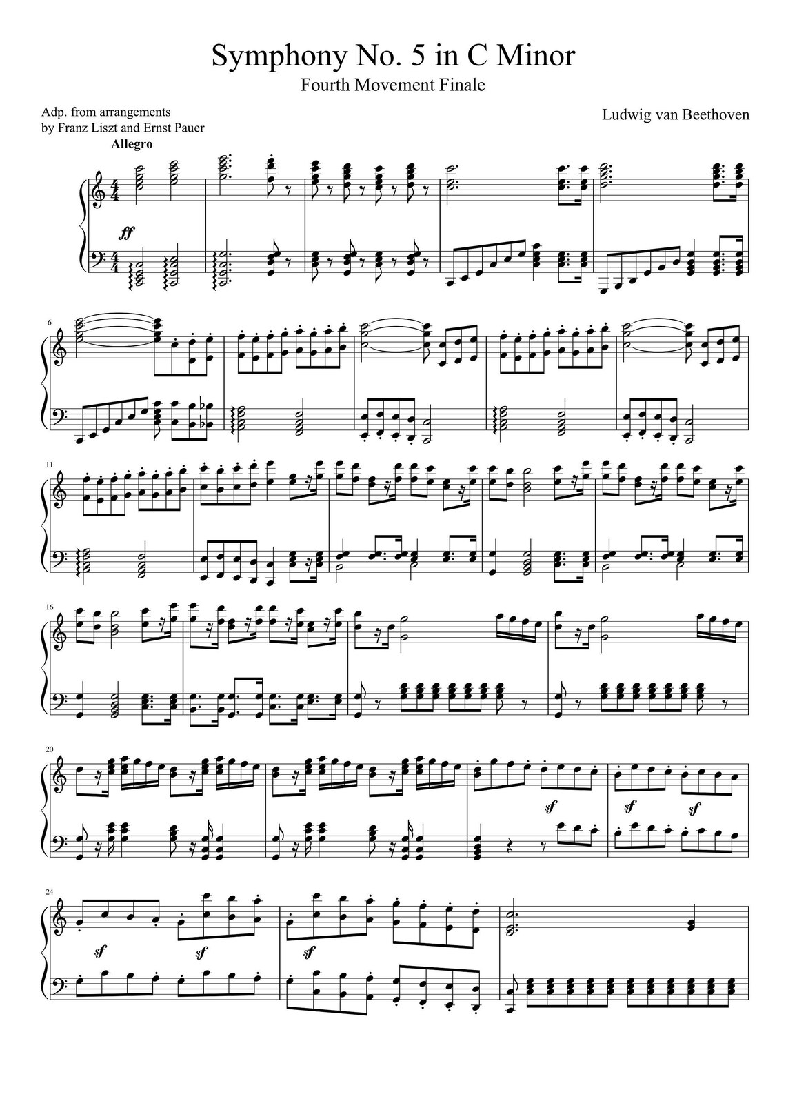 Piano Music Sheets - Symphony No. 5 in C Minor - 4th Movement - Solo ...