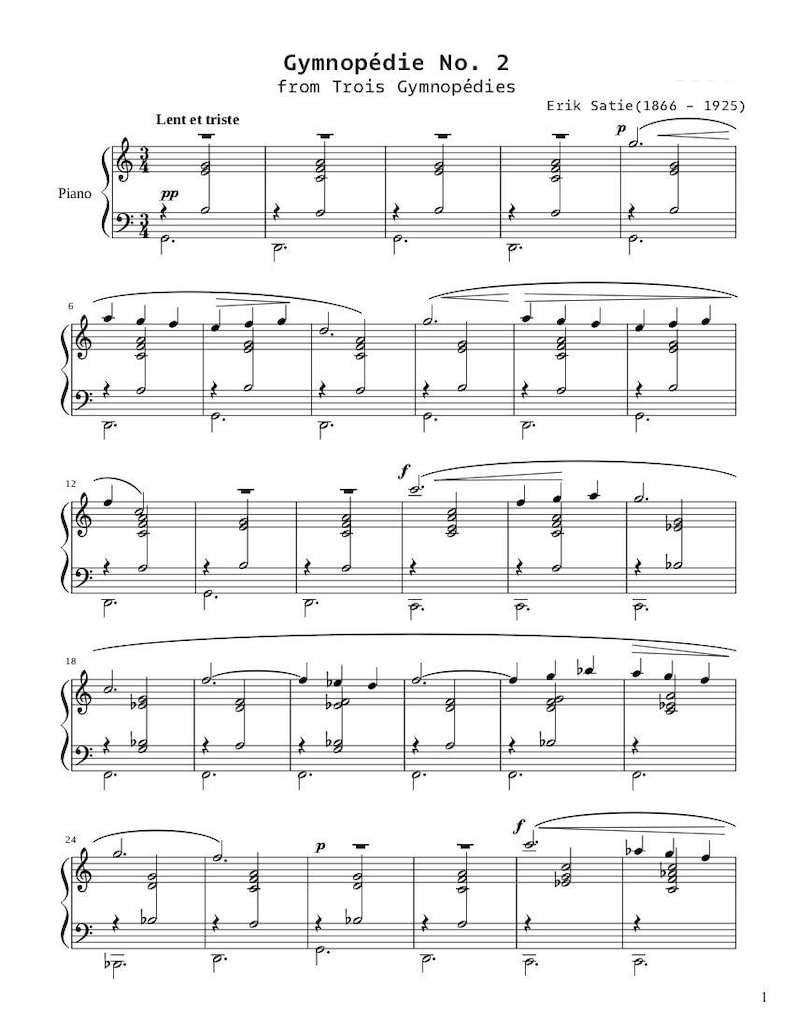 Piano Music Sheets - Gymnopedia No. 2 From Trois Gymnopedies by Erik ...