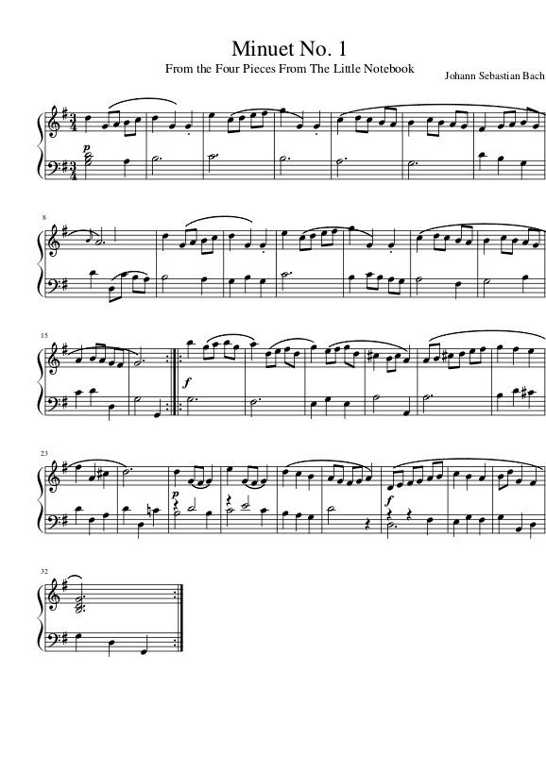 Piano Music Sheets - Minuet No. 1 BWV Anh 114 - the Four Pieces From the Little Notebook ...