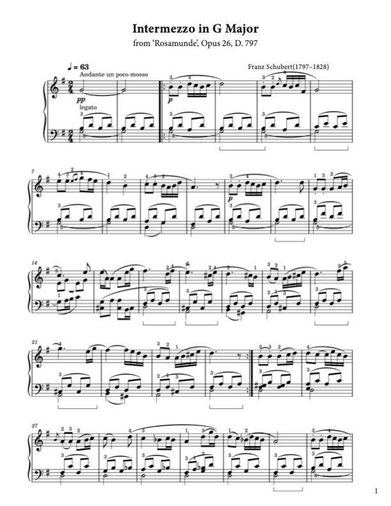 Piano Music Sheets - Intermezzo in G Major From 'rosamunde', Opus 26, D ...