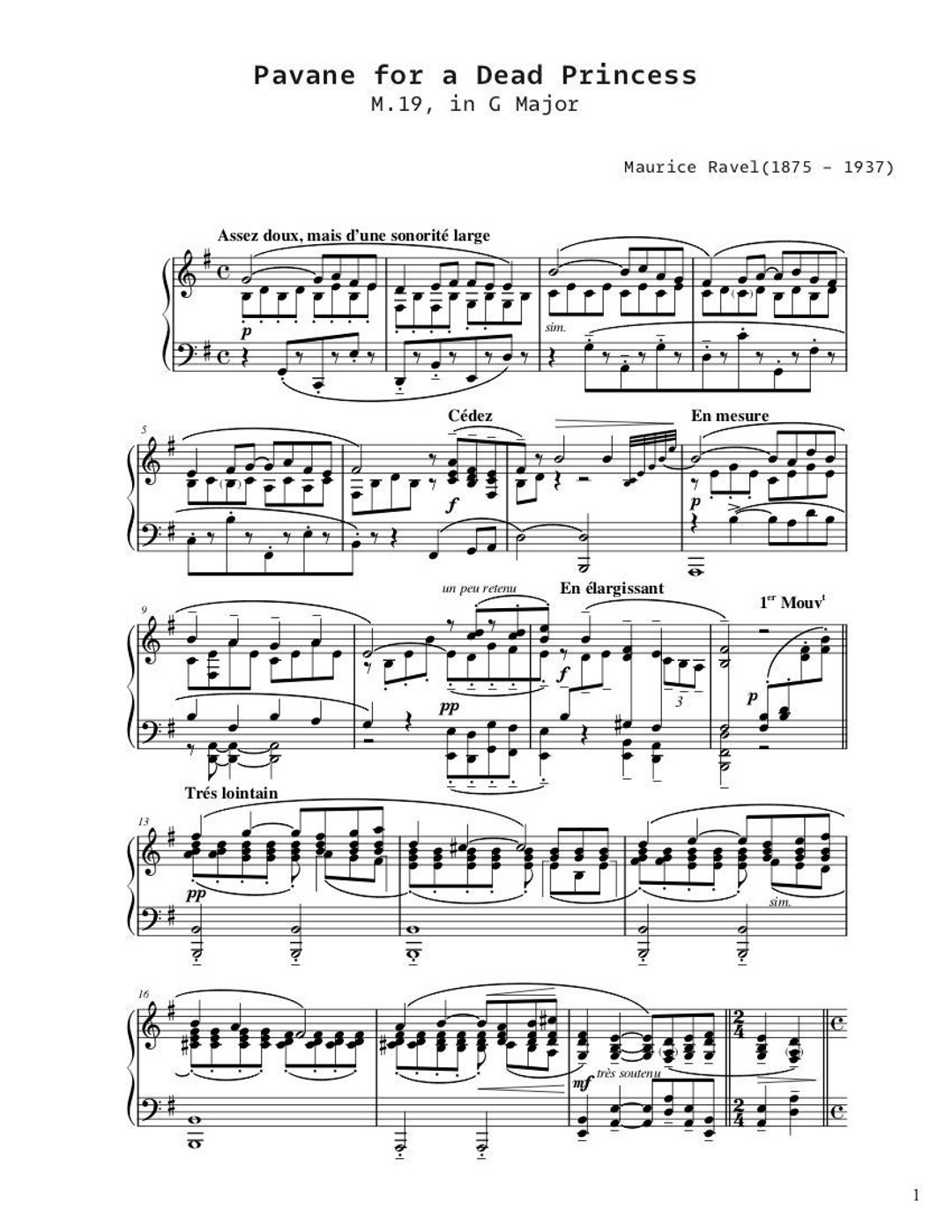 Piano Music Sheets - Pavane for a Dead Princess M.19 in G Major ...