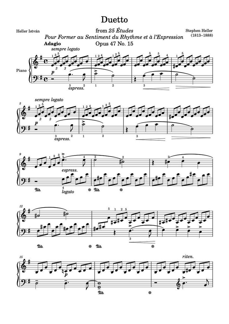Piano Music Sheets - Etude in E Minor - Duetto - Opus 47 No. 15 by ...