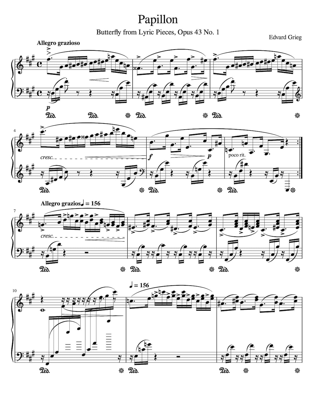 Piano Music Sheets - Papillon - Butterfly From Lyric Pieces - Opus 43 No. 1 - Edward Grieg ...