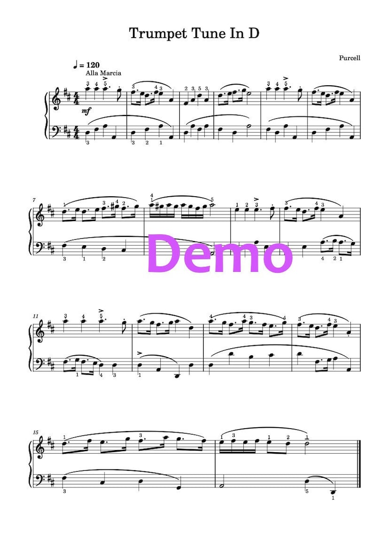 Piano Music Sheets - Trumpet Tune in D Major - Henry Purcell - Digital Download Music Sheet - Etsy
