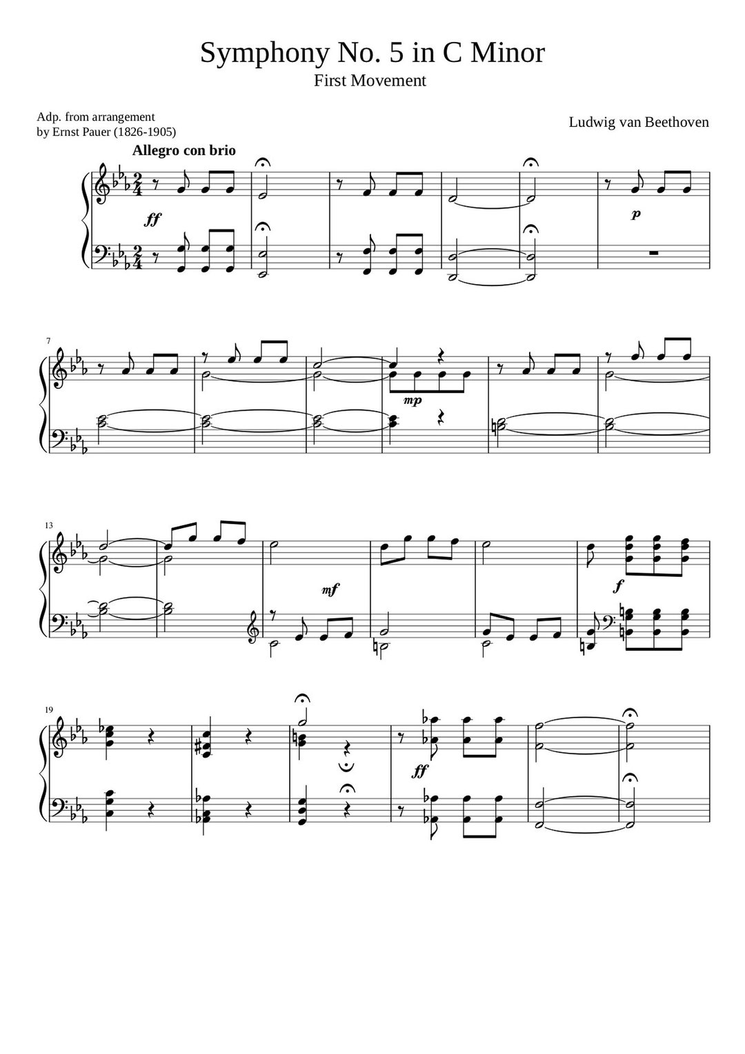Piano Music Sheets - Symphony No. 5 in C Minor , 1st Movement - Piano ...