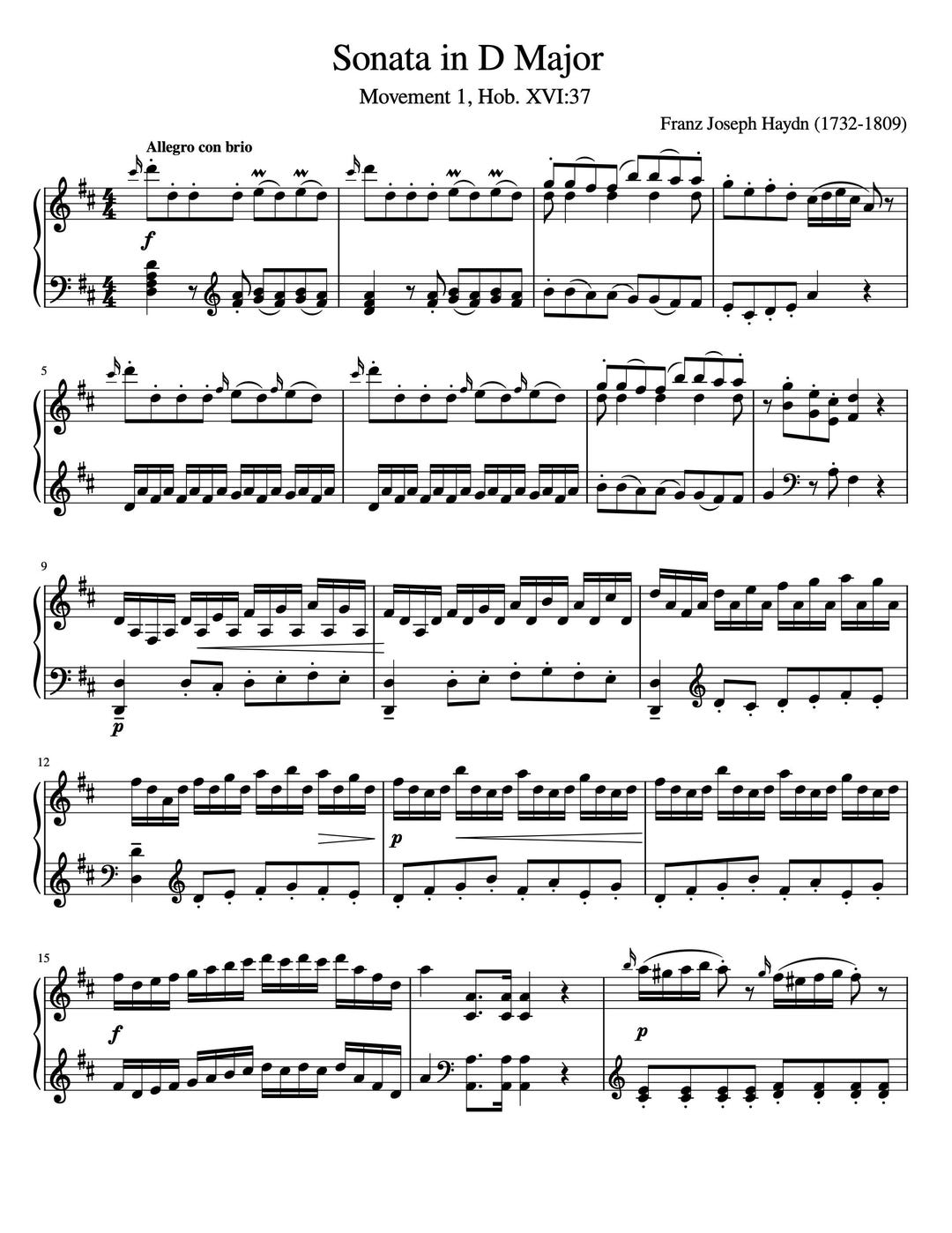 Piano Music Sheets - Sonata in D Major - Hob XVI:37 - Mov 1 - Joseph ...