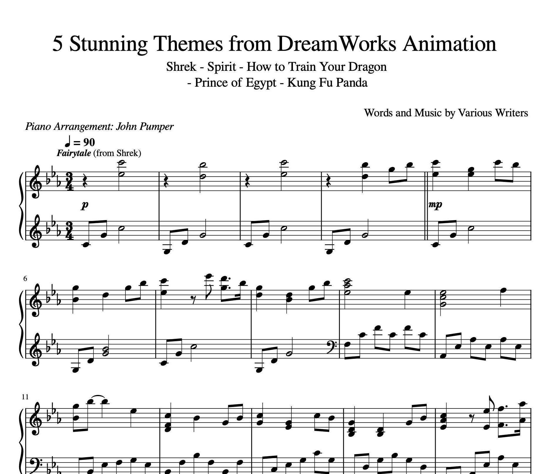 Piano Music Sheets - 5 Stunning Themes From Dreamworks Animation - Arr ...