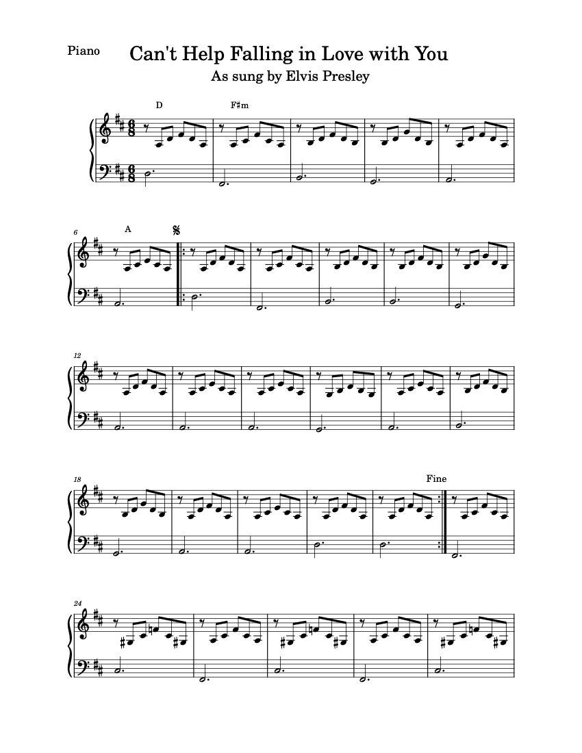 Piano Music Sheets - Can't Help Falling in Love With You - Easy Version ...